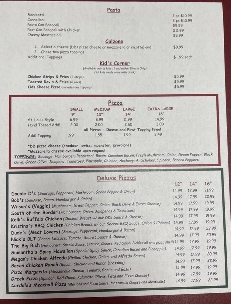Menu at Double D's Pizzeria, Sappington