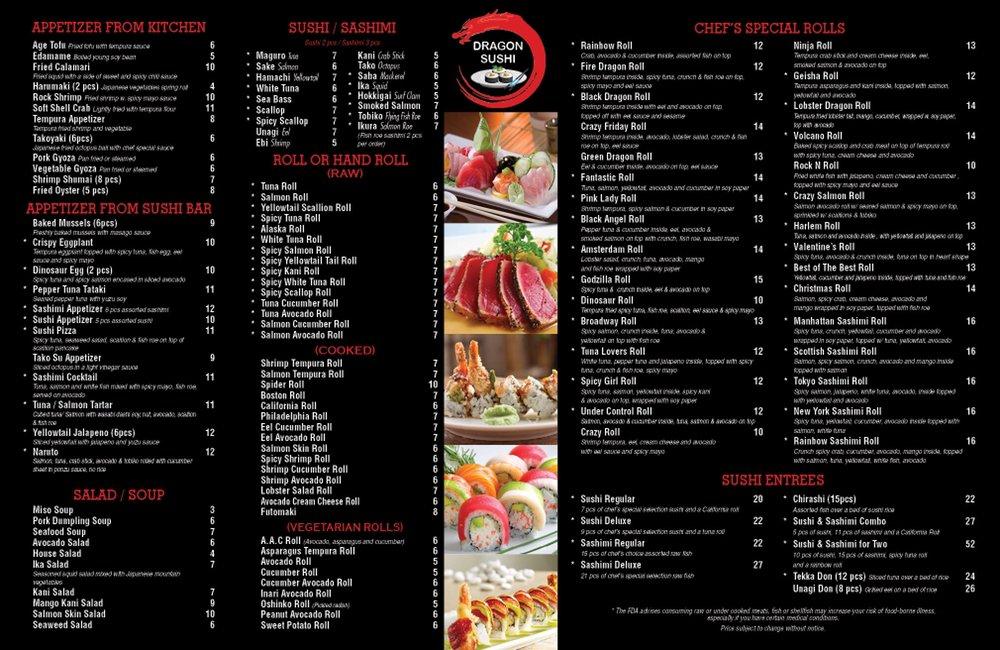 Menu at Dragon Sushi restaurant, New York City, Amsterdam Ave