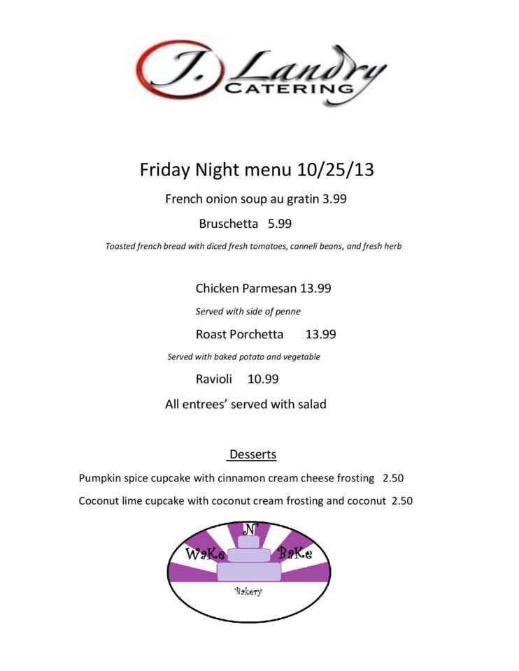 Menu at J. Landry Catering restaurant, Naugatuck