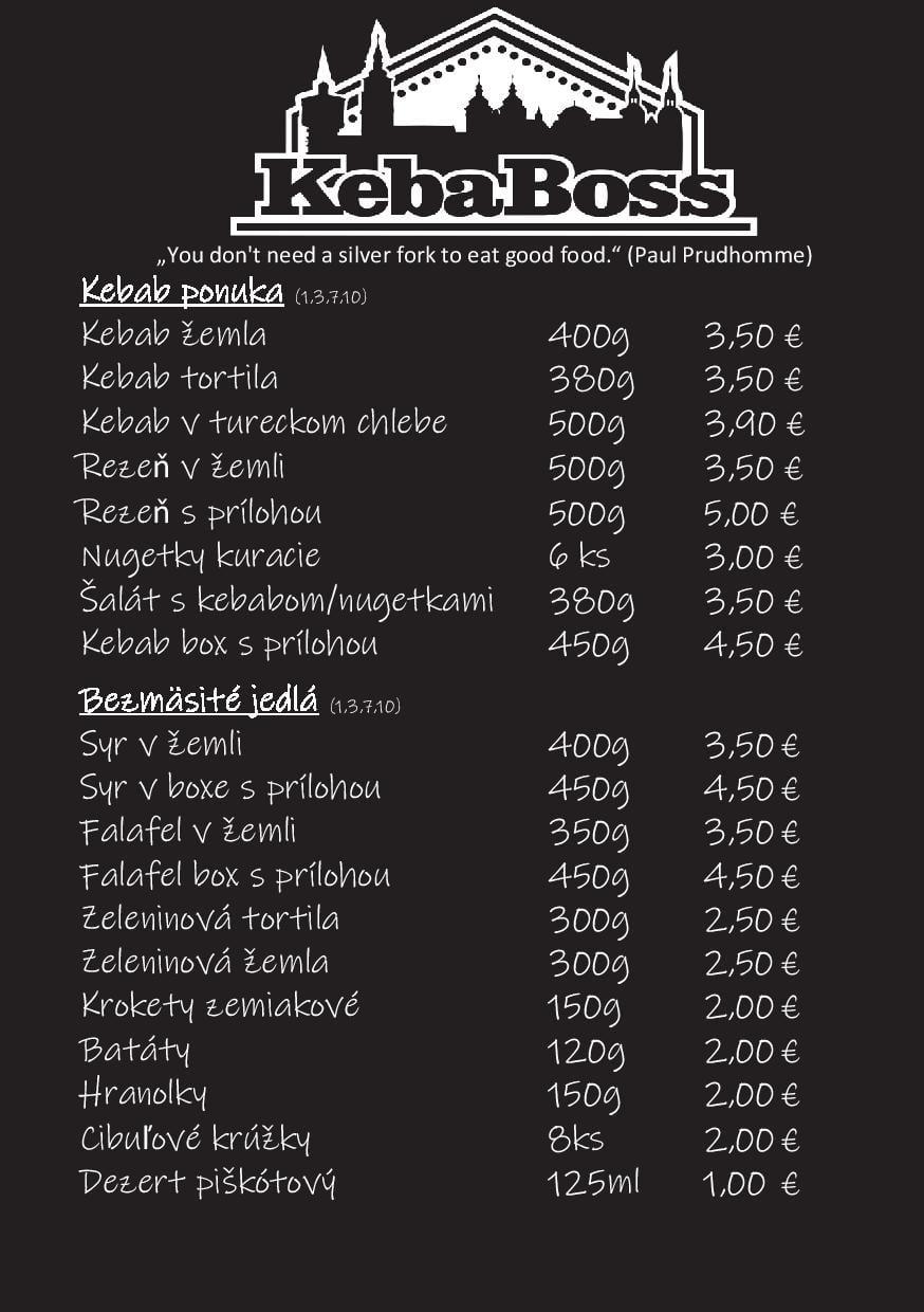 Menu at KebaBoss, Trnava