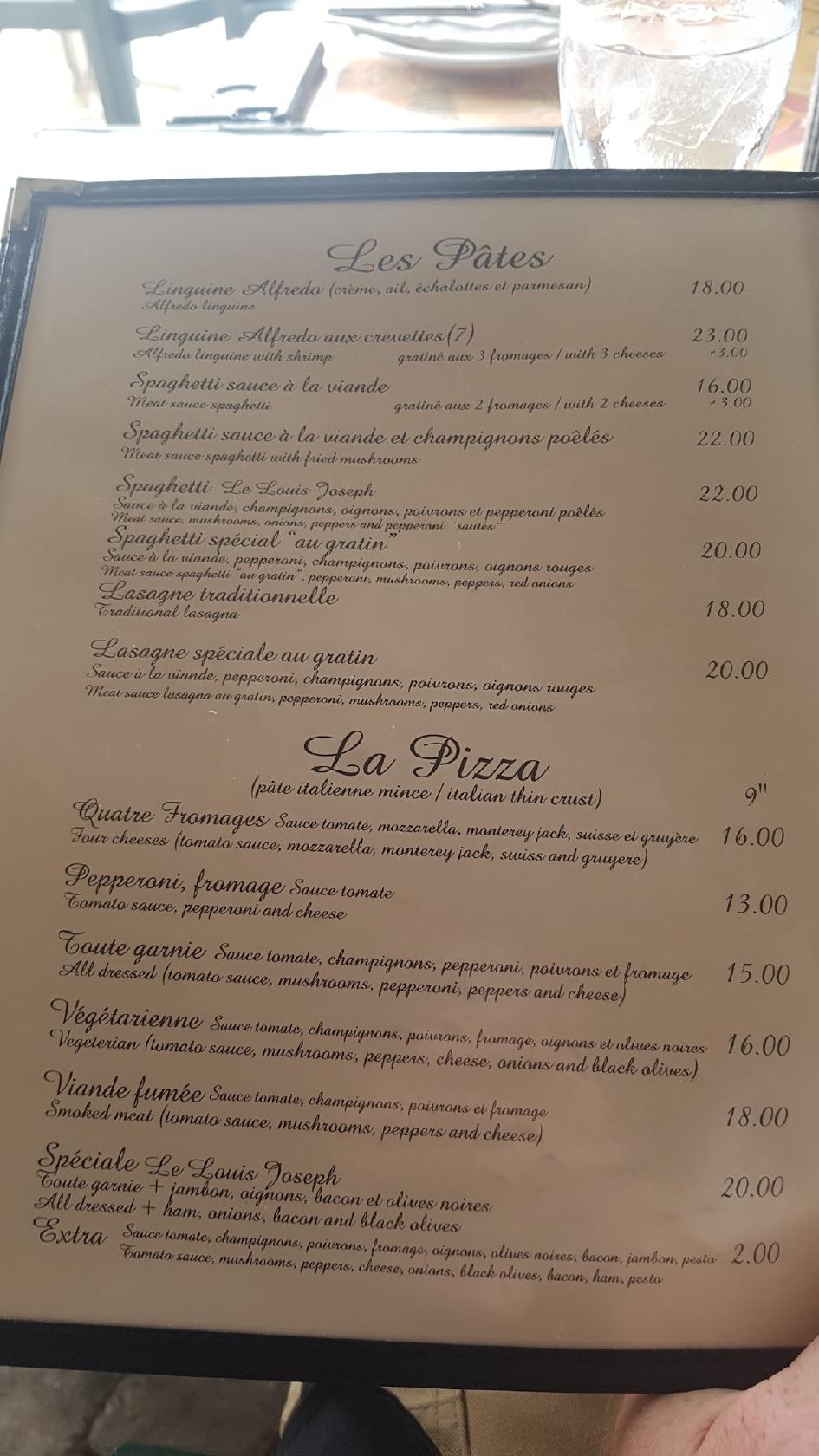 Menu au Le Louis-Joseph restaurant, Papineauville