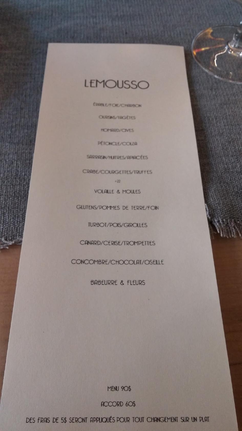 Menu au Le Mousso restaurant, Montréal, Rue Ontario E