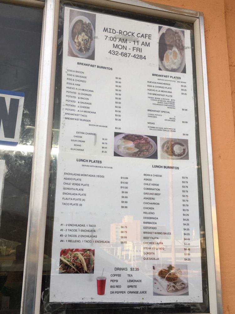 Menu at Mid-Rock Cafe, Midland