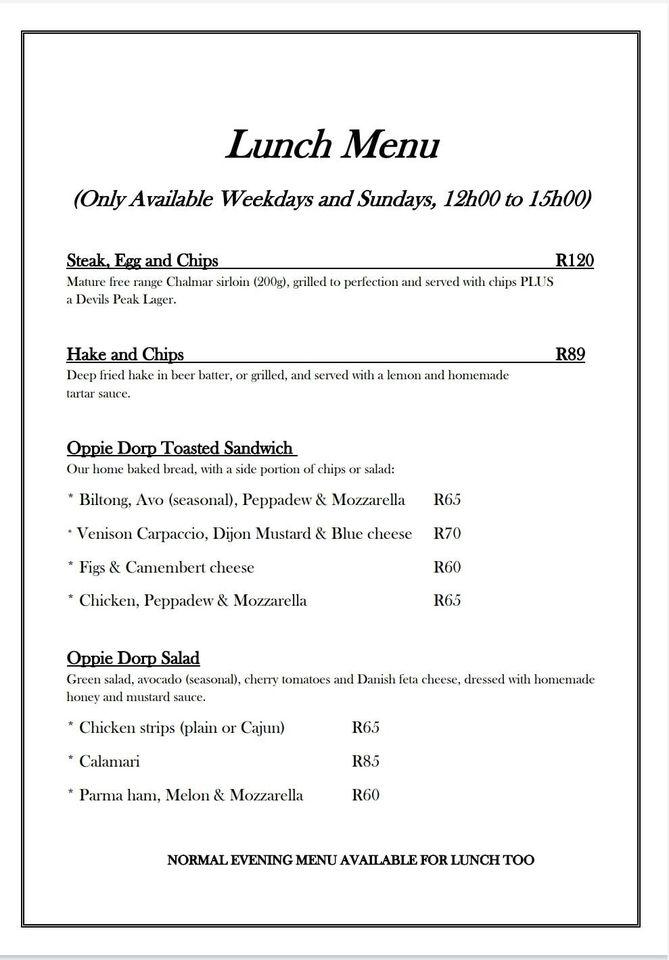 Menu at Oppie Dorp Restaurant, Bistro and Bar, Stellenbosch