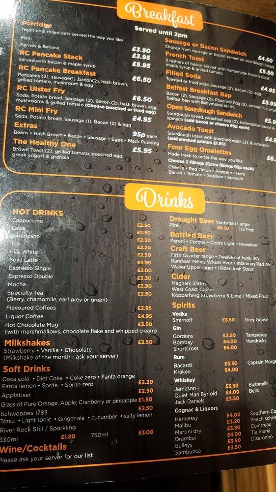 Menu at Rain Check Belfast cafe, Belfast