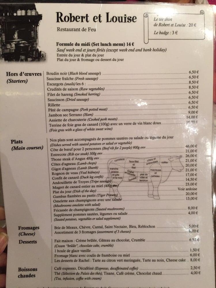 Menu at Robert et Louise steakhouse, Paris