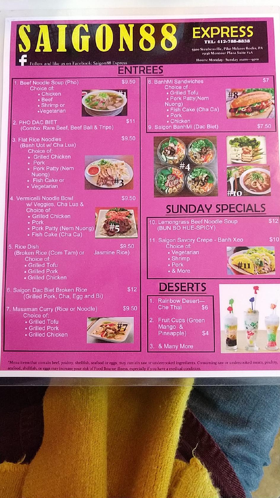 Menu at Saigon88 Express restaurant, Robinson Township