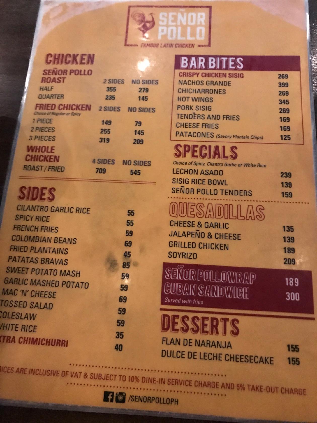 Menu at Señor Pollo restaurant, Pasig