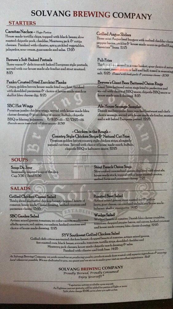 Menu at Solvang Brewing Company pub & bar, Solvang
