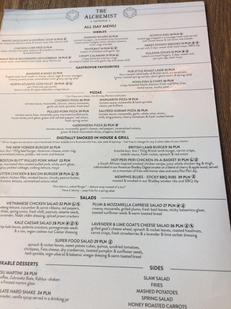 Menu at The Alchemist - Metropolitan restaurant, Warsaw
