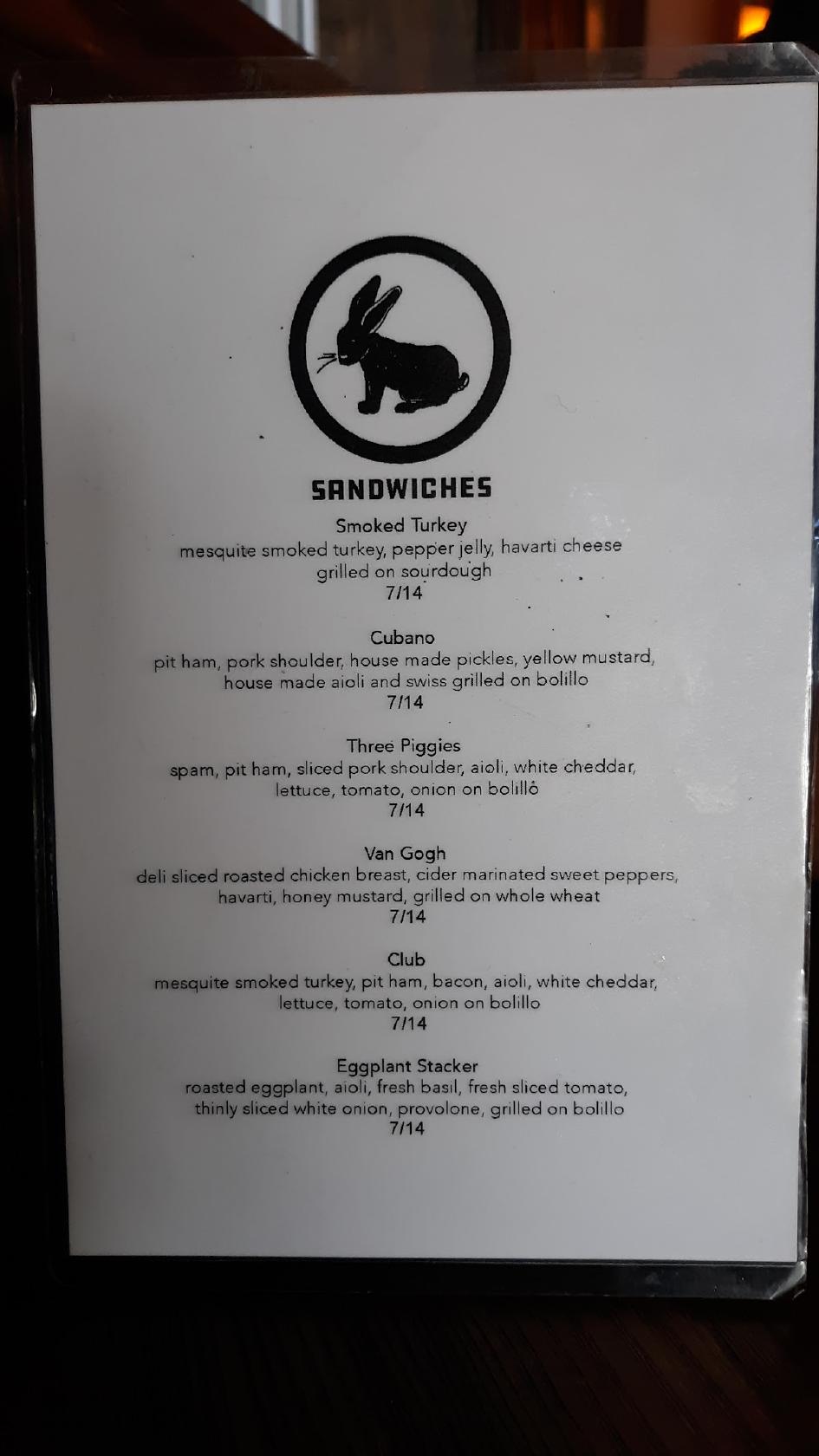 Menu at The Black Rabbit pub & bar, Savannah