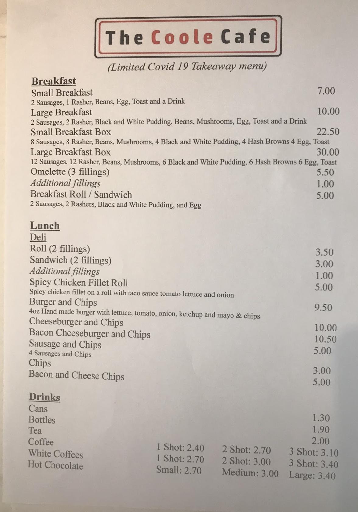 Menu at The Coole Cafe, Rathcoole