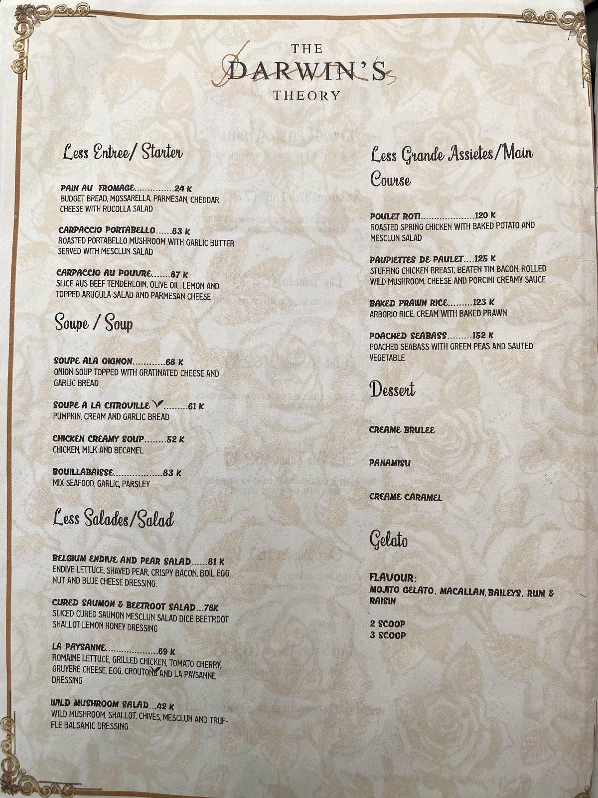 Menu at The Darwin's Theory Bistro & Lounge cafe, North Jakarta