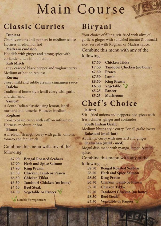 Menu at The Vedas restaurant, Todmorden