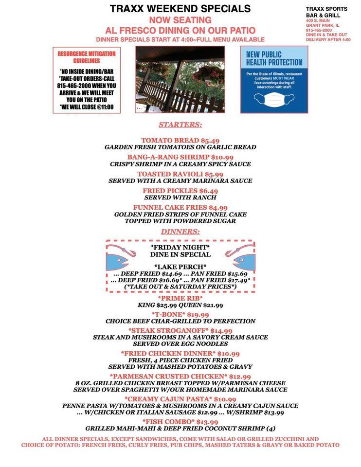 Menu at Traxx Sports Bar & Grill, Grant Park