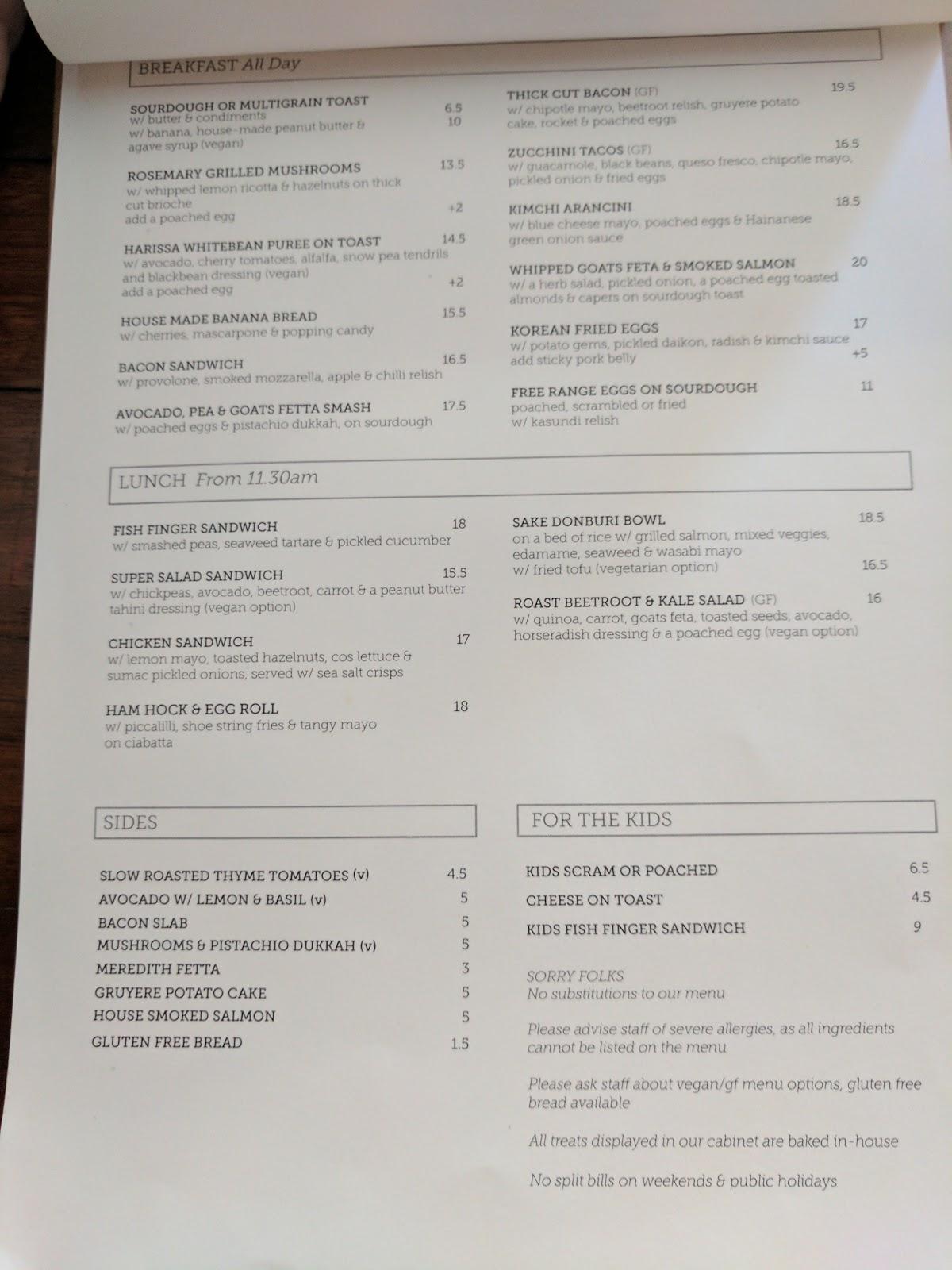 Menu at Wide Open Road Coffee Roasters cafe, Brunswick
