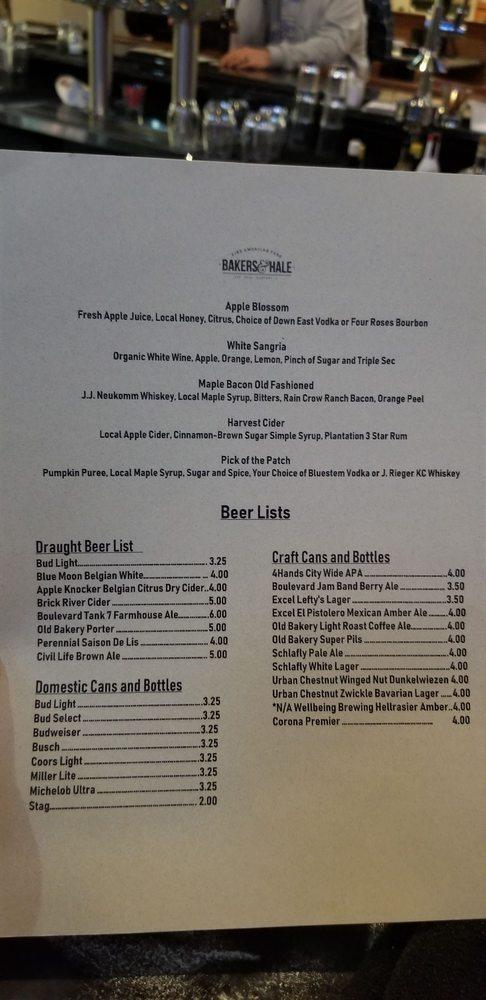 Menu at Bakers & Hale restaurant, Godfrey