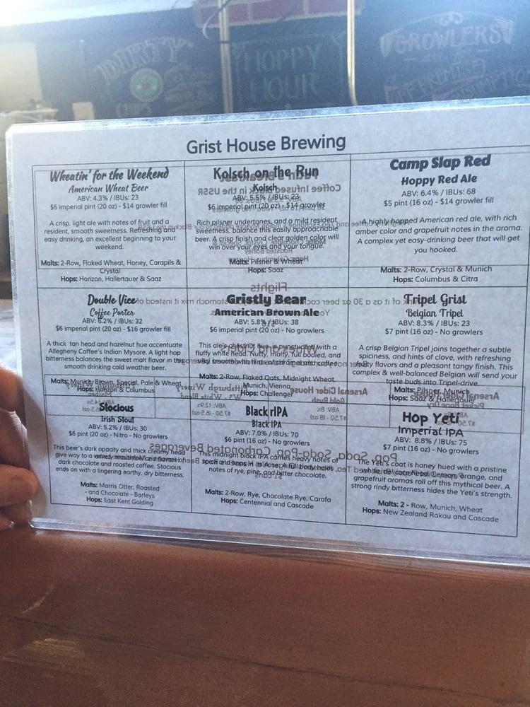 Menu at Grist House Craft Brewery pub & bar, Pittsburgh