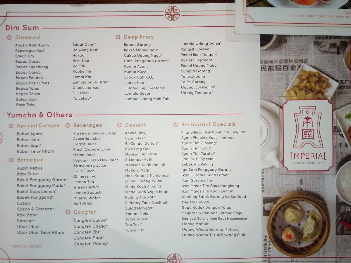 Menu at Imperial Chinese Restaurant, Bandung