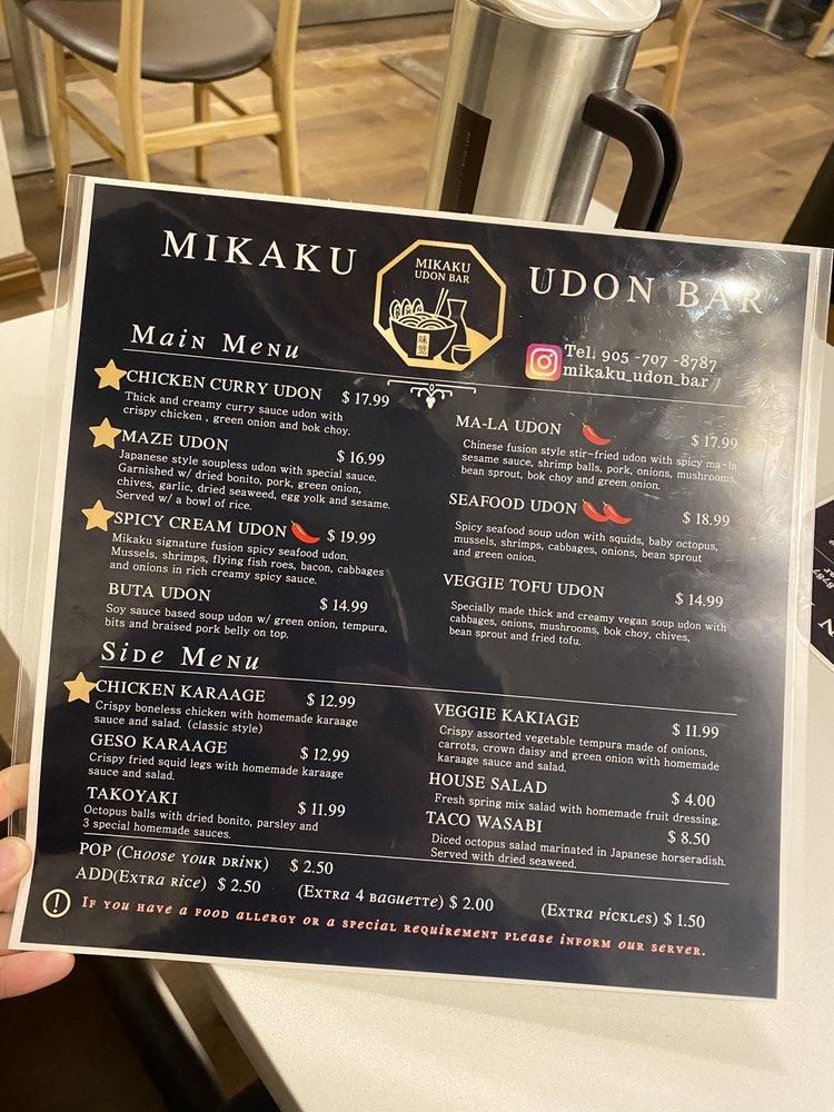 Menu at Mikaku Udon Bar, Richmond Hill