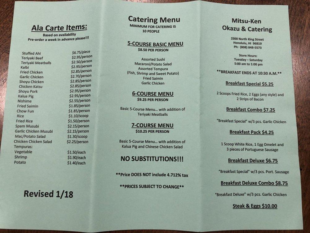 Menu at Mitsu-Ken fast food, Honolulu, N King St