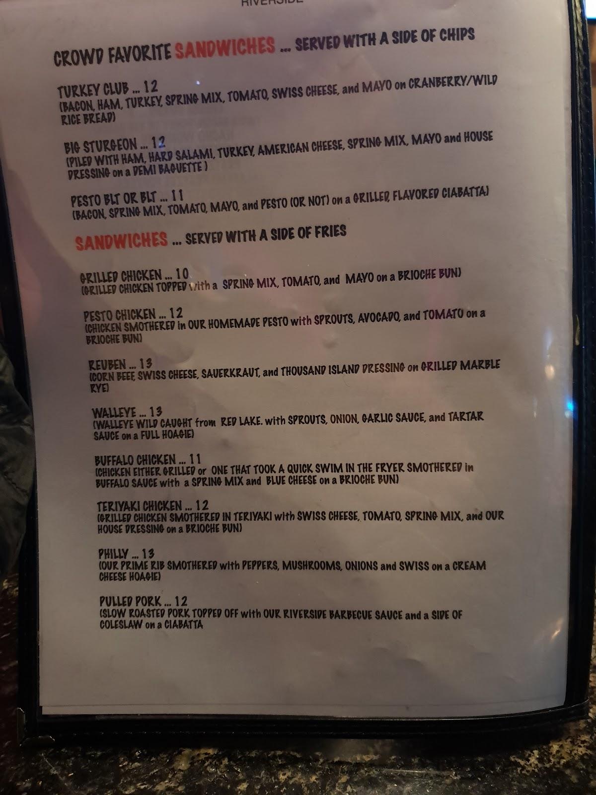 Menu at Riverside Inn restaurant, Side Lake