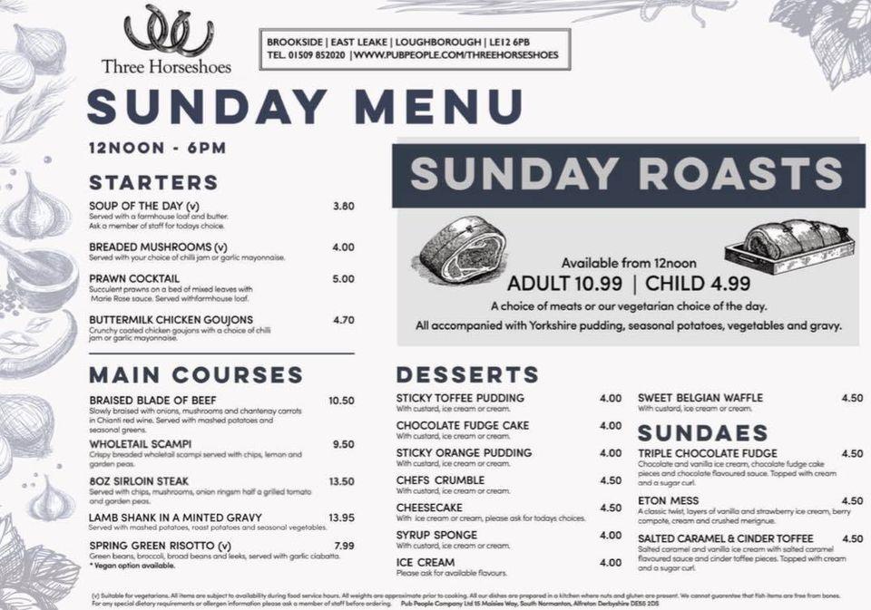 Menu at The Three Horseshoes pub & bar, Loughborough, 1 Brookside