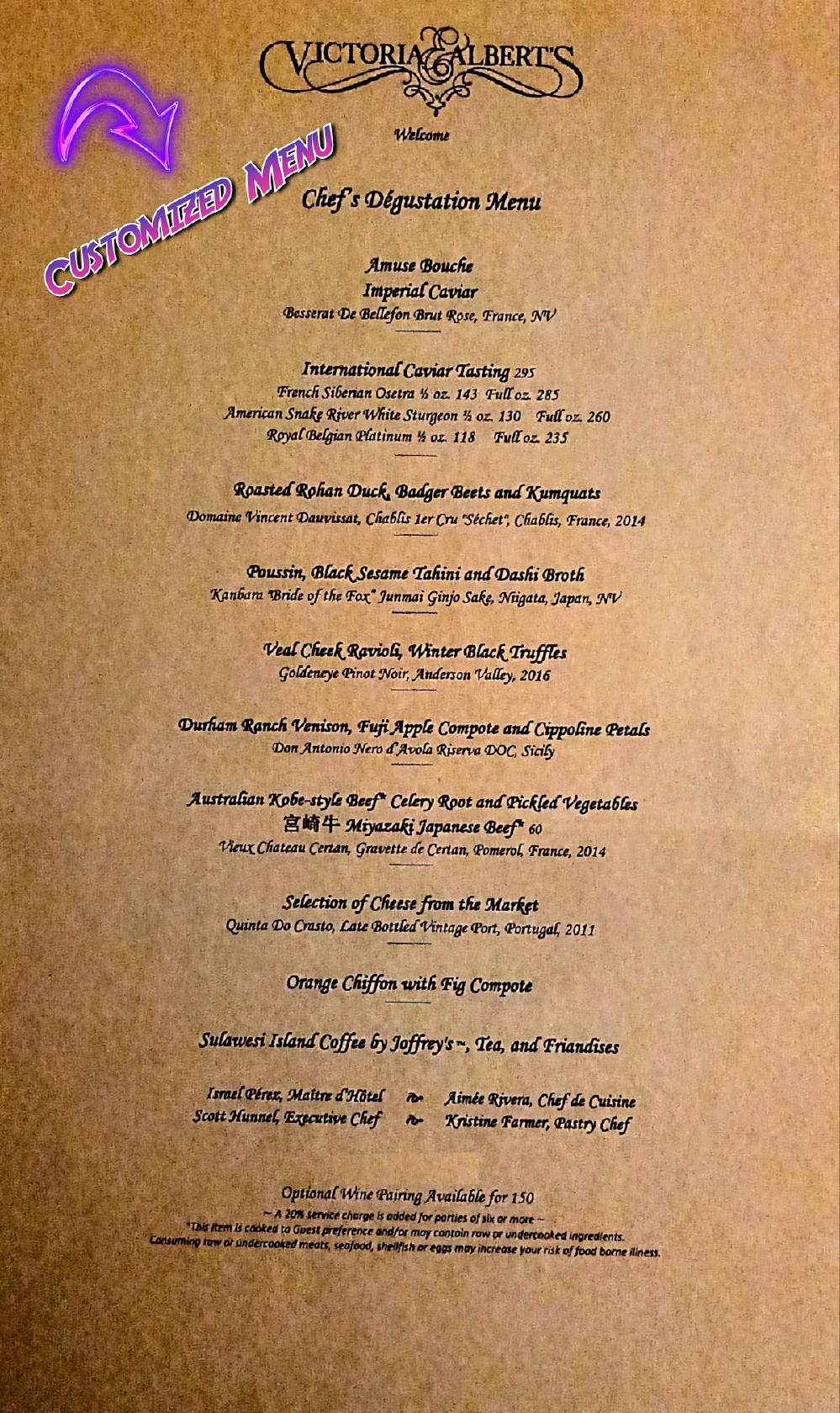 Menu at Victoria & Albert's restaurant, Orlando