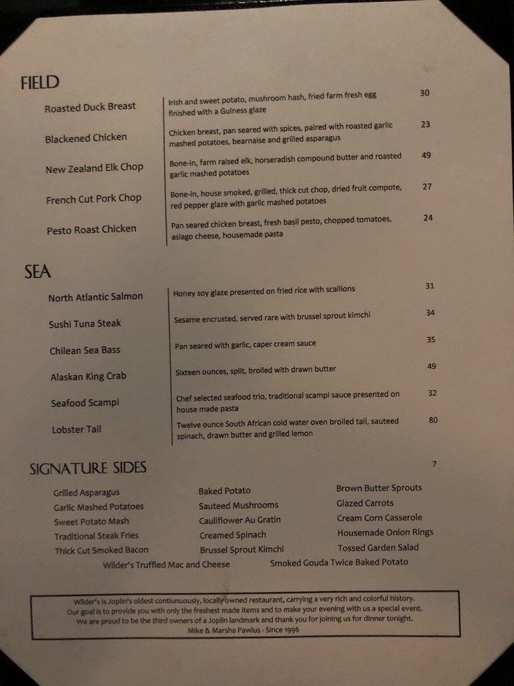 Menu at Wilder's Steakhouse, Joplin