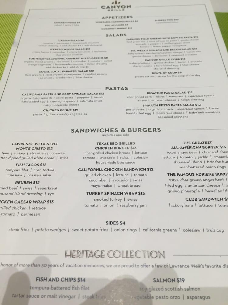 Menu at Canyon Grille restaurant, Escondido