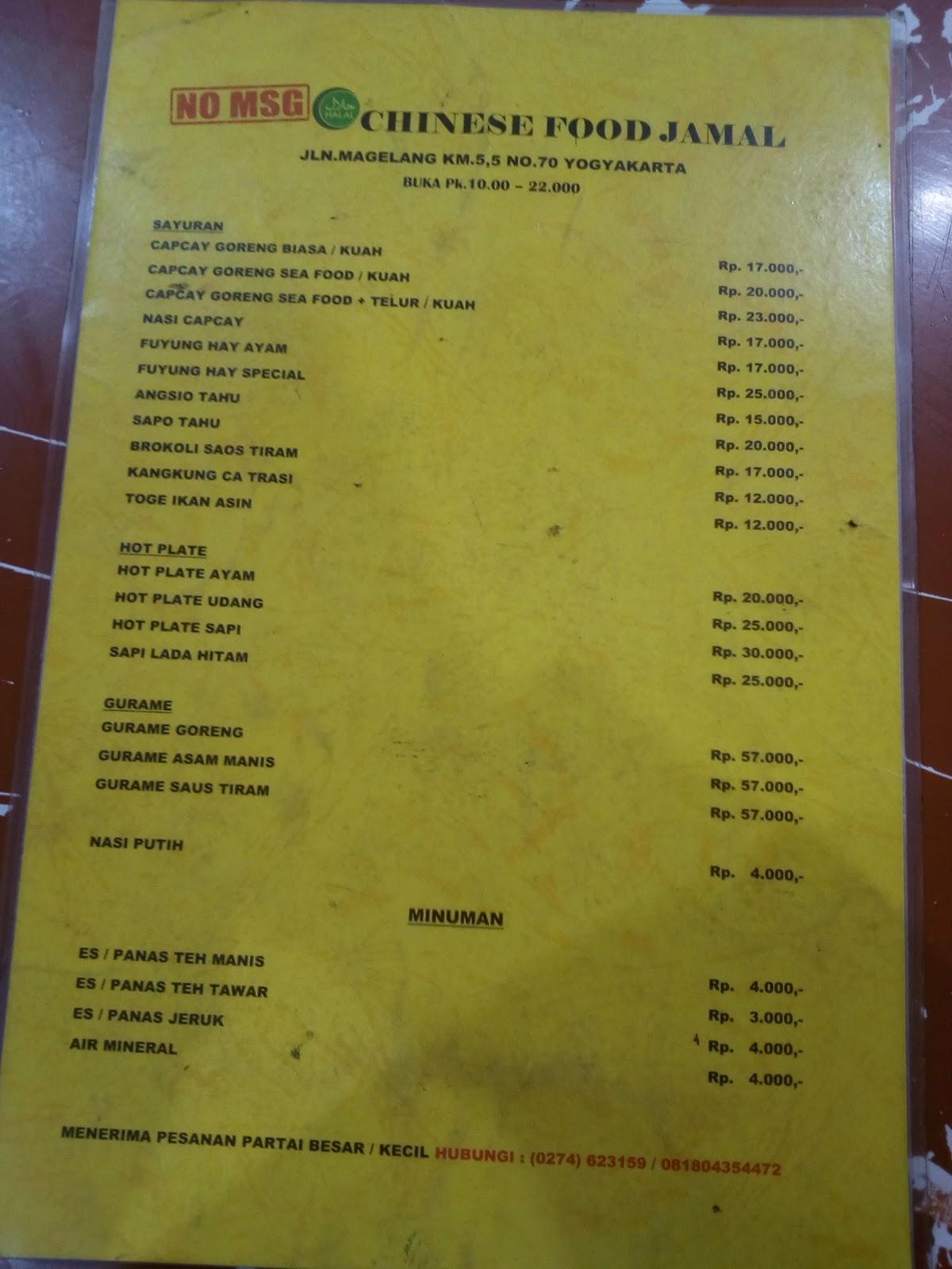 Menu at Chinese Food Jamal restaurant, Yogyakarta