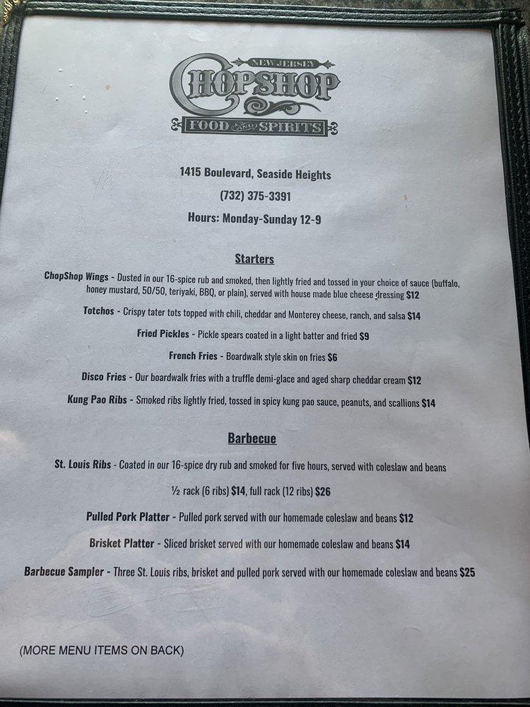 Menu at Chop Shop BBQ, Seaside Heights