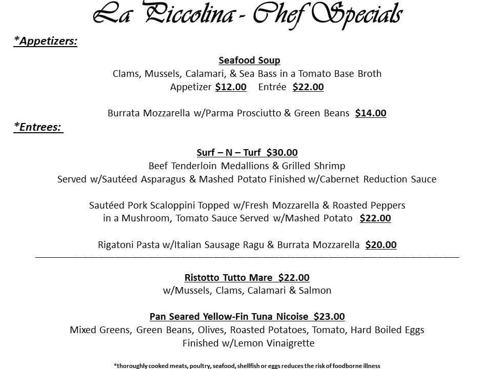 Menu at La Piccolina restaurant, New Milford, 27 Main St