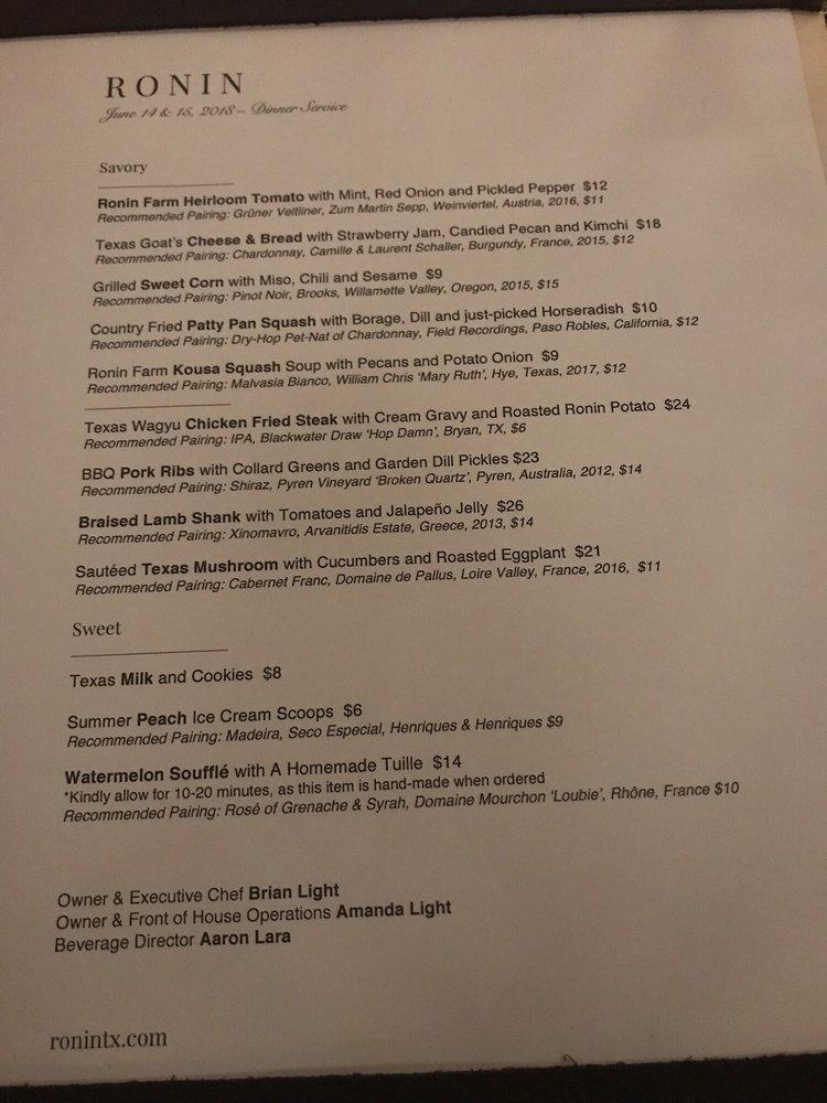 Menu at Ronin Restaurant, Bryan