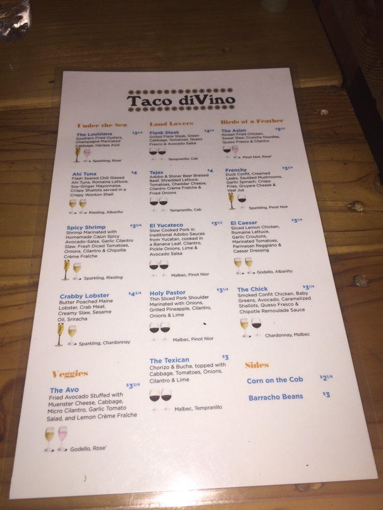 Menu at Taco diVino restaurant, Midland, Dining room is OPEN