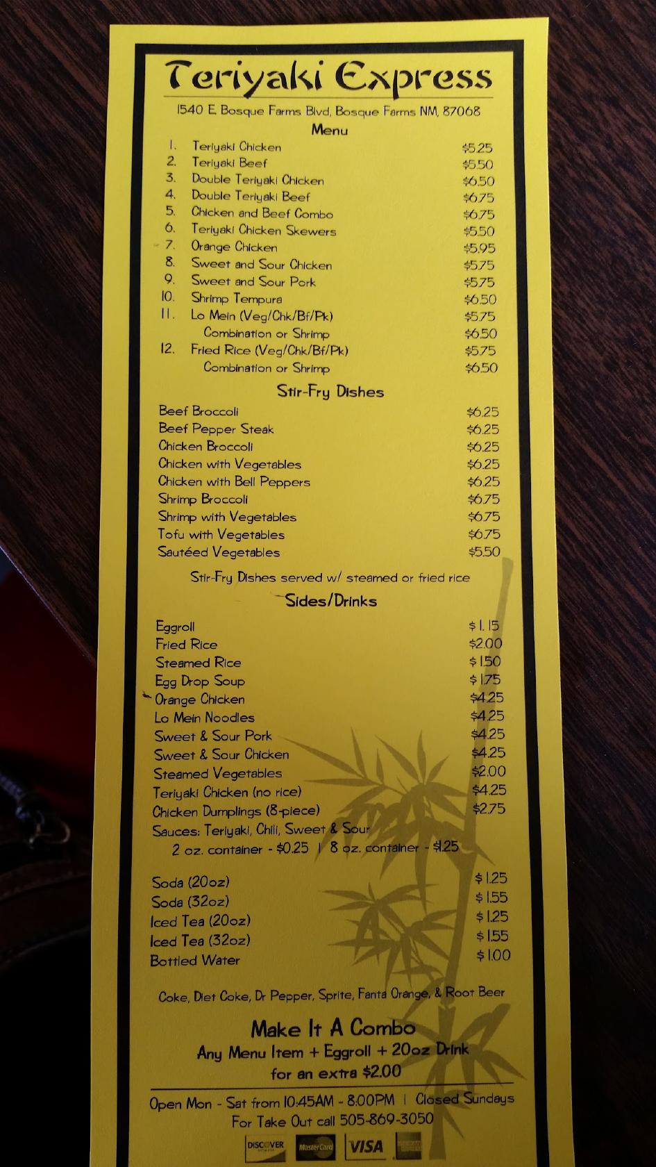Menu at Teriyaki Express restaurant, Bosque Farms, Bosque Farms Blvd # E