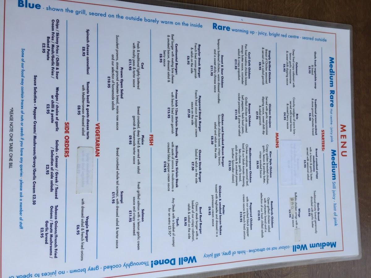Menu at The Spinnaker restaurant, Portrush