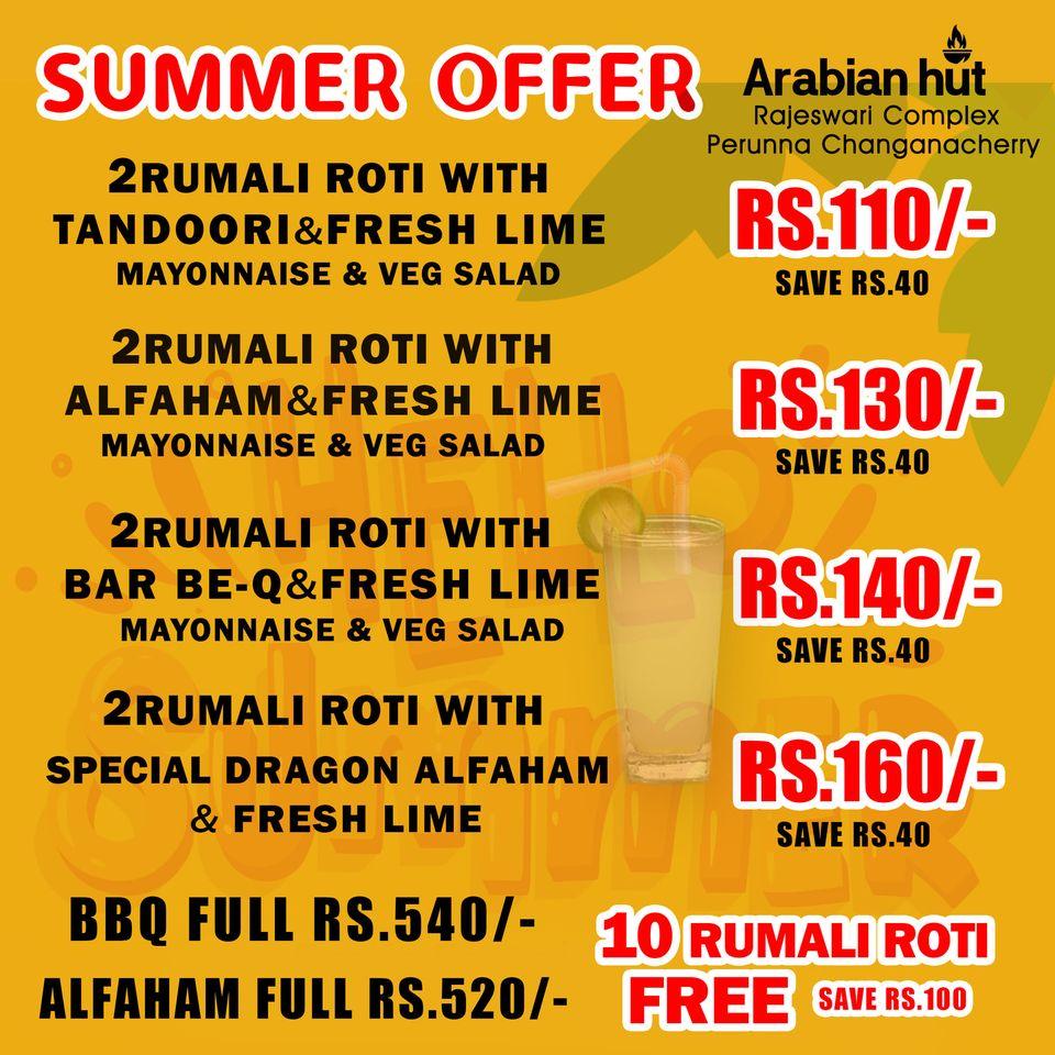 Menu at Arabian Hut, Changanassery