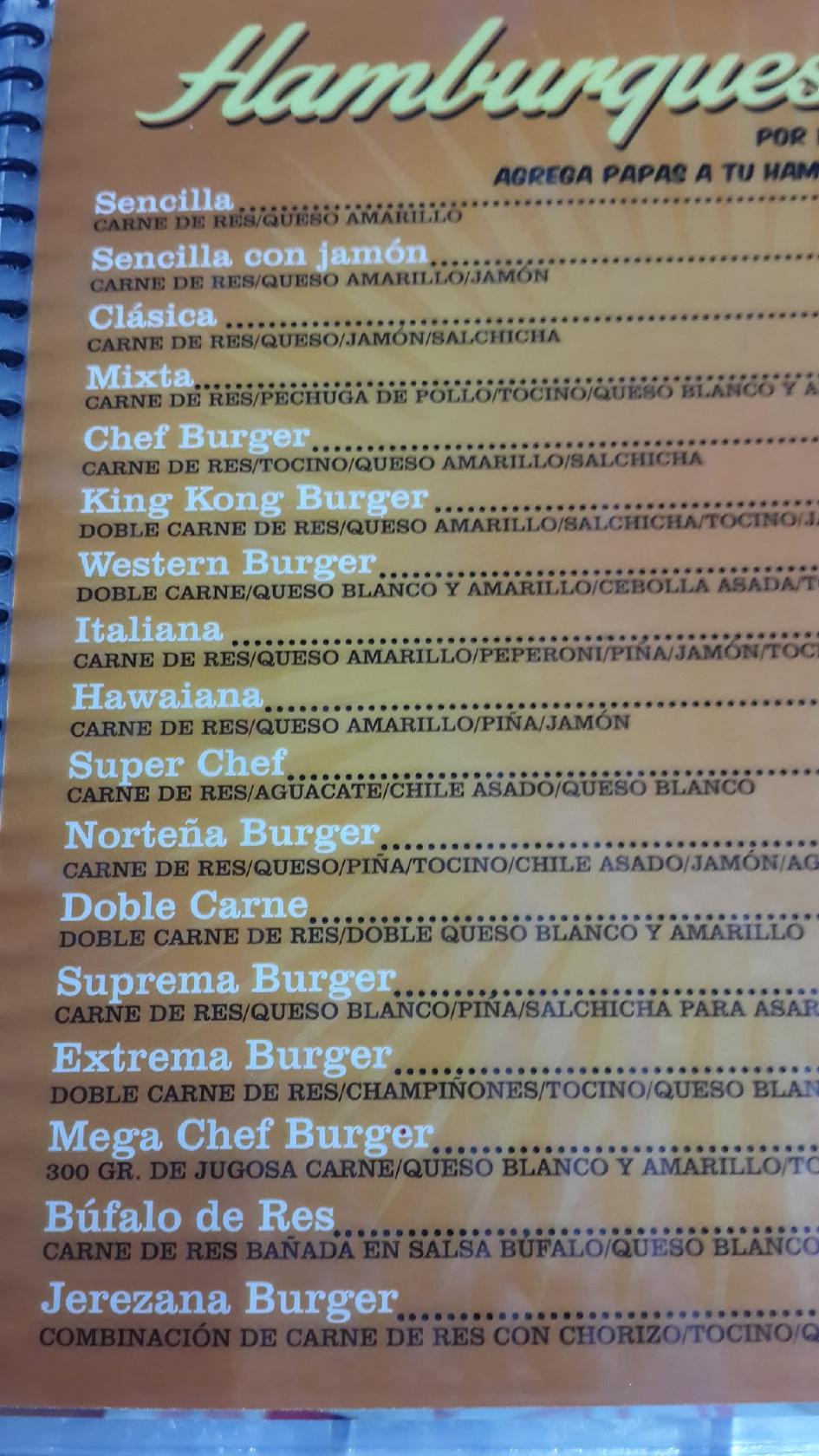 Carta del restaurante CHEF BURGER, Guadalupe