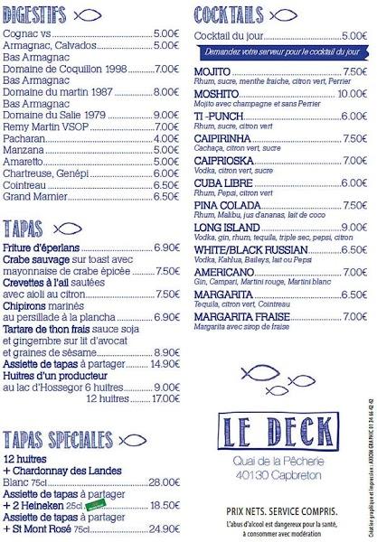 Menu at Le Deck pub & bar, Capbreton, Quai de la Pêcherie