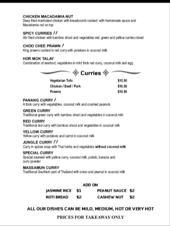 Menu at Nakontong Thai restaurant, Thames