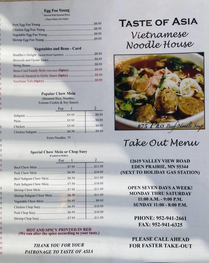 Menu at Taste of Asia restaurant, Eden Prairie