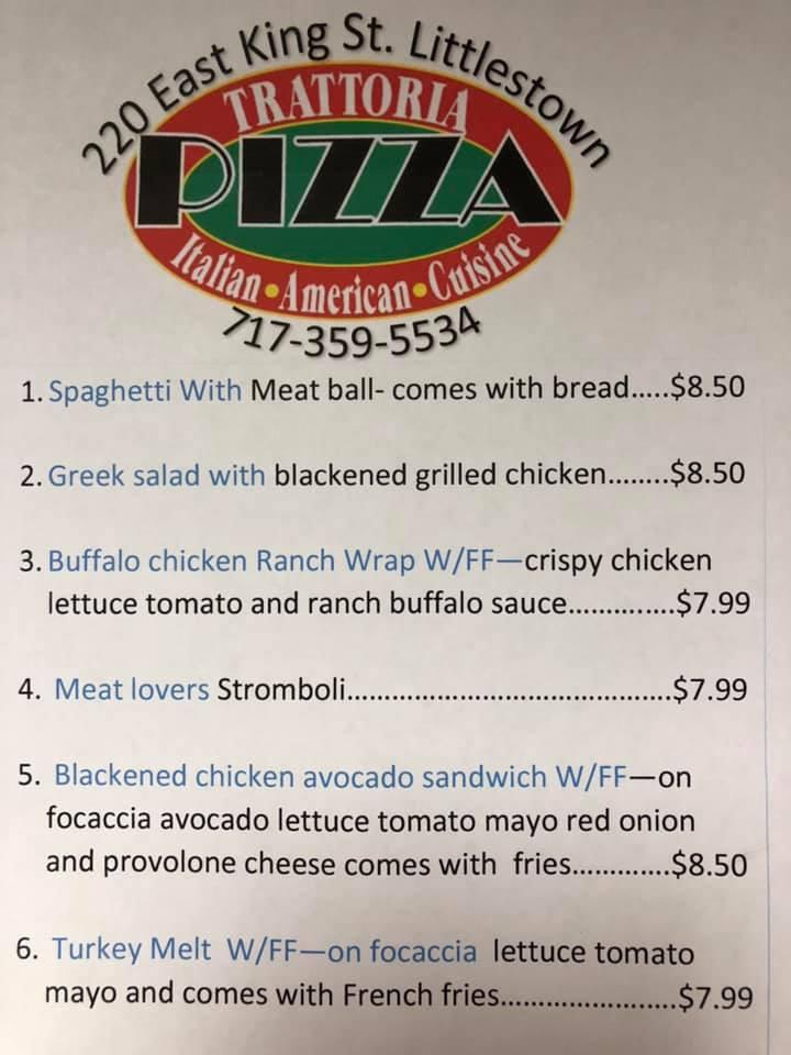Menu at Trattoria Pizza pizzeria, Littlestown