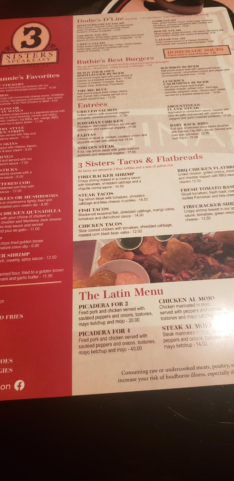 Menu at 3 Sisters Speakeasy restaurant, Kissimmee