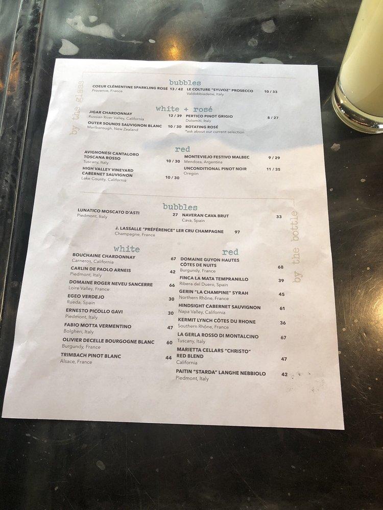 Menu at Acova restaurant, Denver