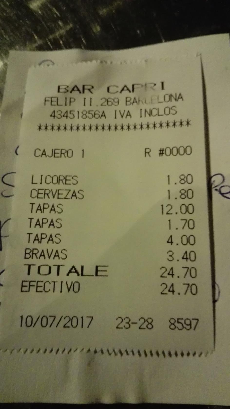 Menu at Bar Capri, Barcelona, C/ de Felip II