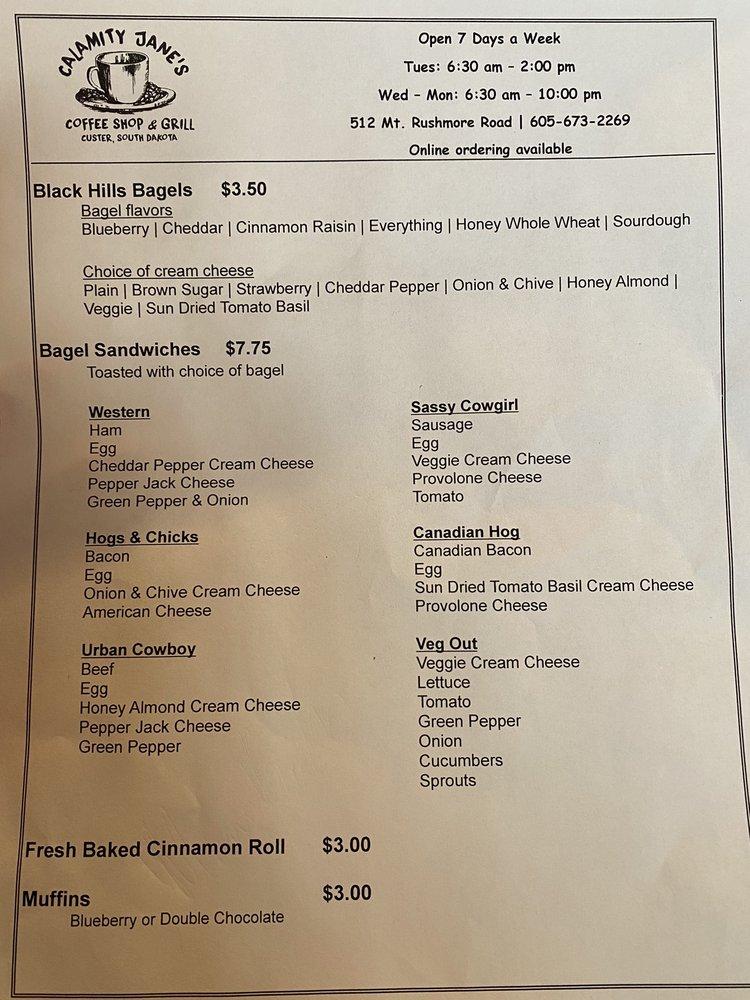 Menu at Calamity Jane Coffee Shop and Grill cafe, Custer