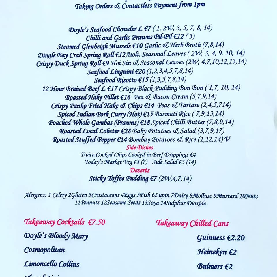 Menu at Doyle's Seafood Restaurant, Dingle