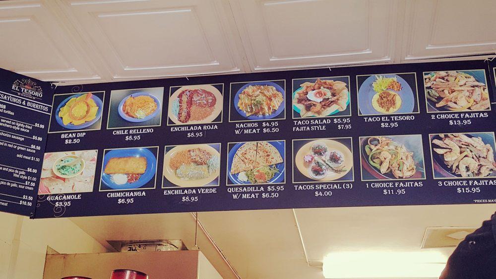 Menu at El Tesoro Mazatlan restaurant, Vallejo