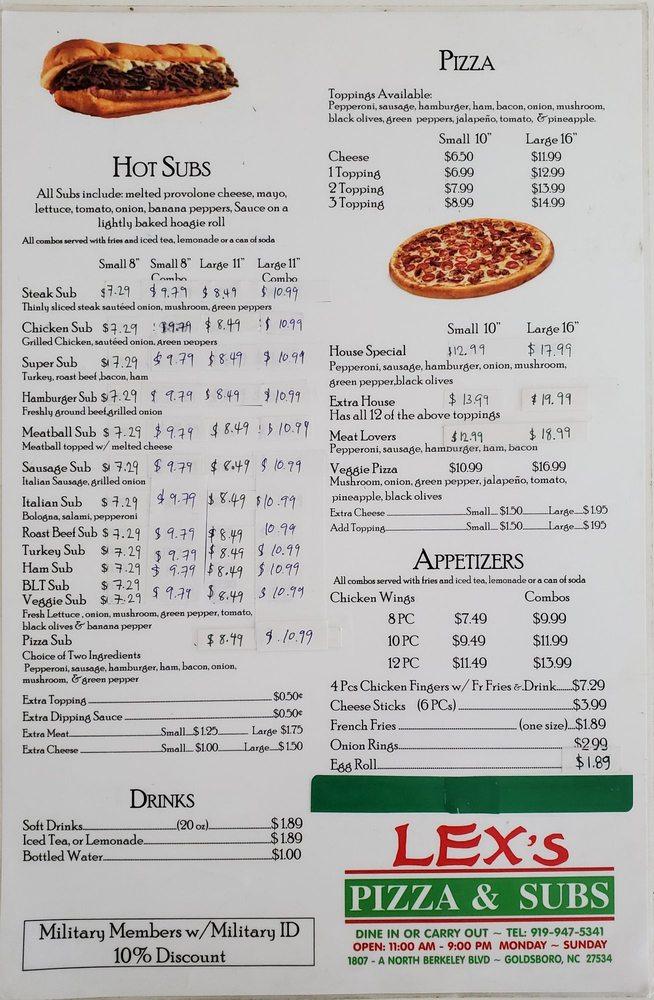 Menu at Lex's Pizza and Subs pizzeria, Goldsboro